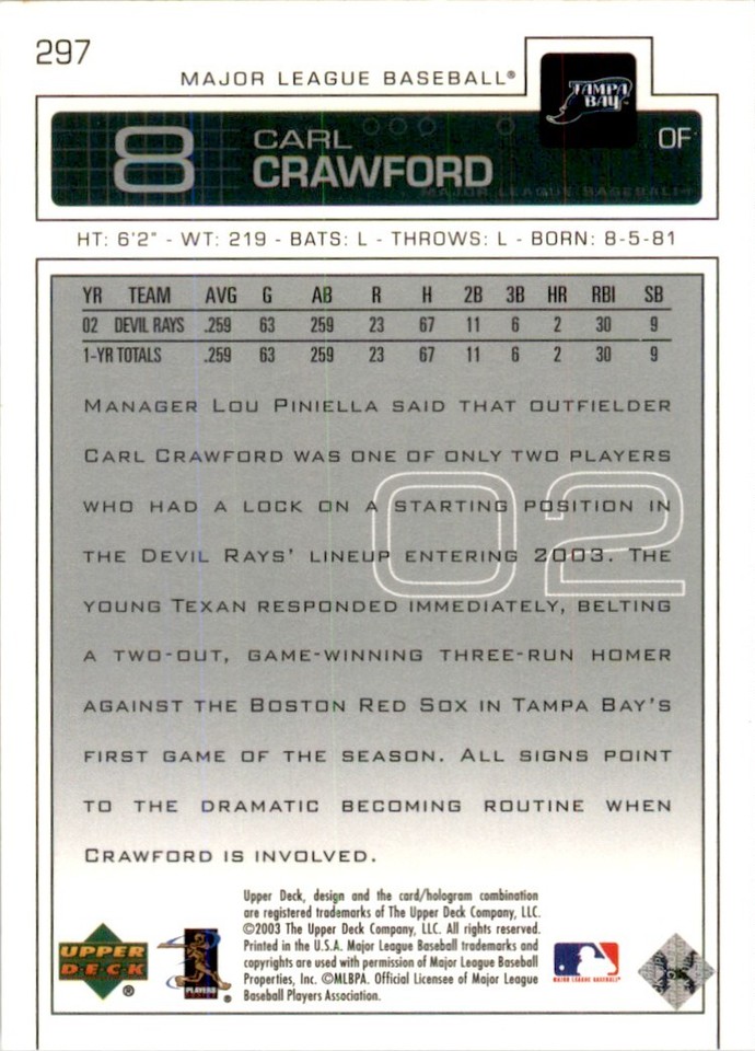 2003 Upper Deck Carl Crawford Tampa Bay Devil Rays #297 MLB Baseball ...