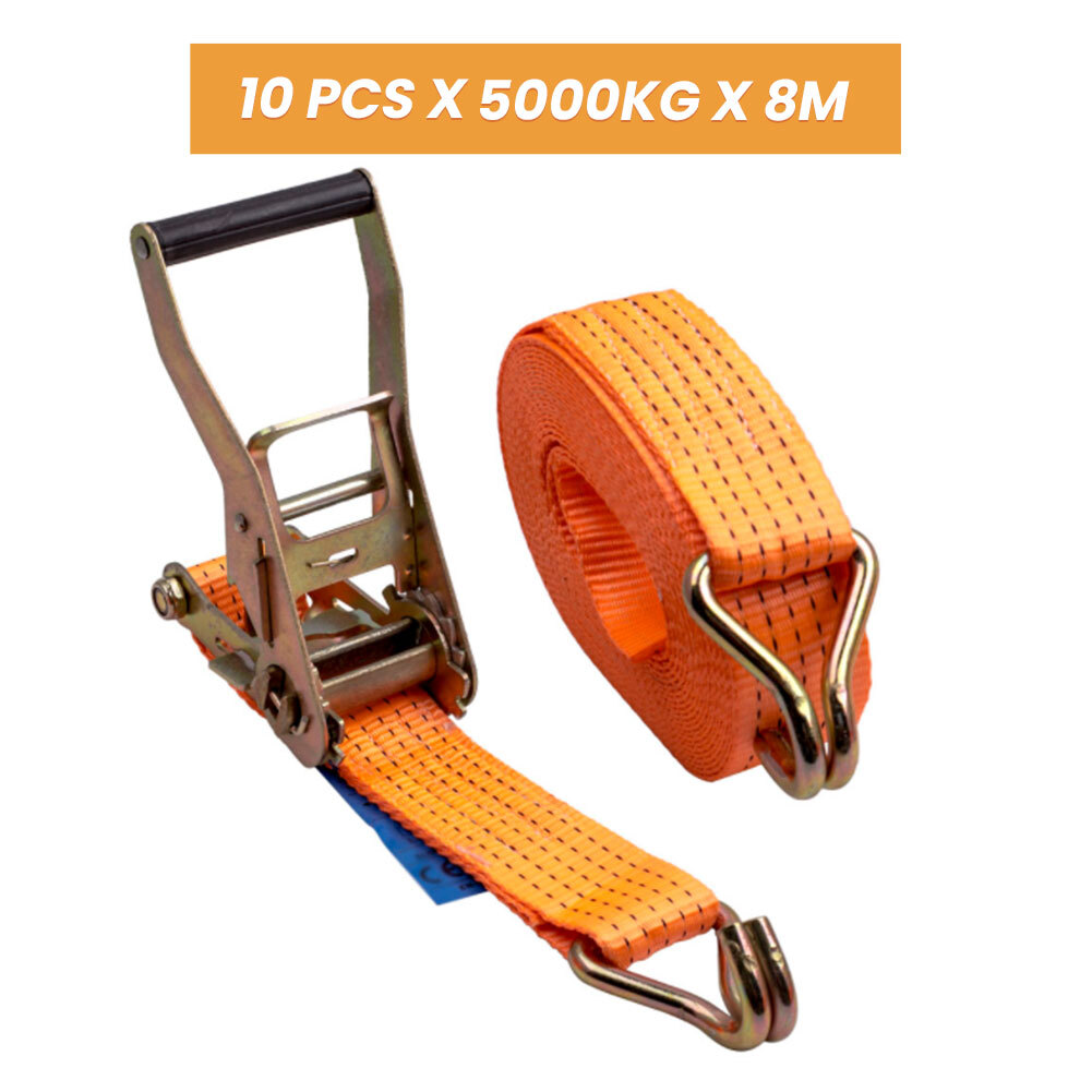 10×Heavy Duty Ratchet Strap 8m 5T 50mm Tie Down J Hooks Trailer Car ...