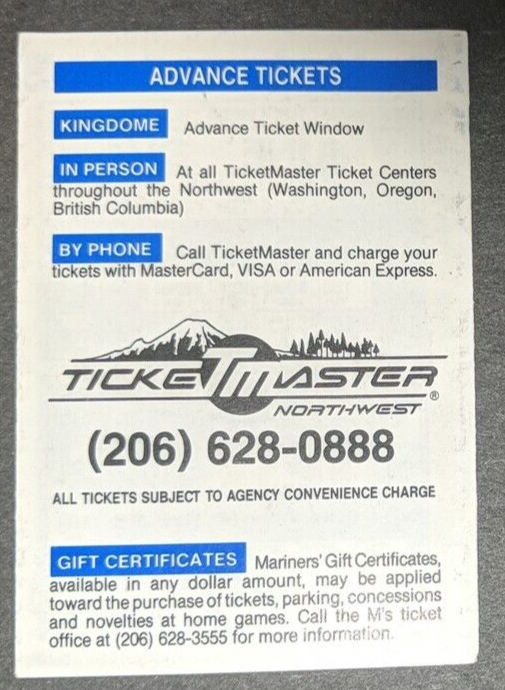 1991 SEATTLE MARINERS BASEBALL SCHEDULE TICKET MASTER | eBay