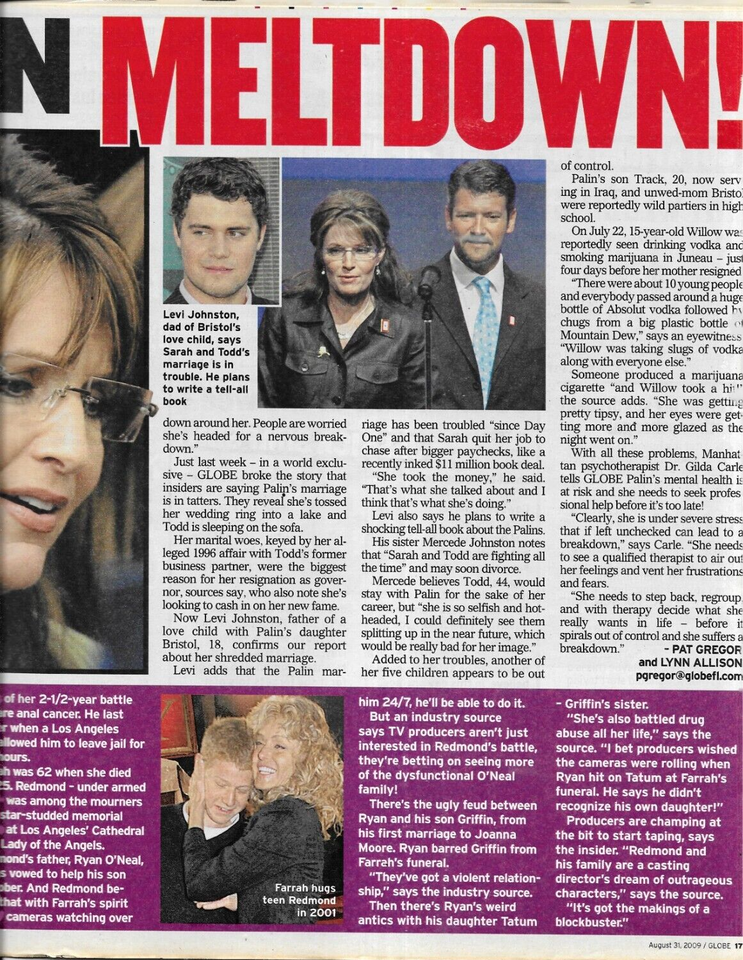 Oprah Globe Magazine Gayle King Sarah Palin Michael Jackson Jeff Gordon ...