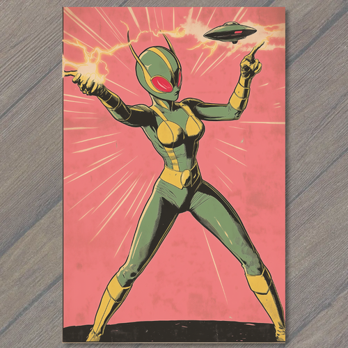 Art Print Alien Girl Red Eyes Lightning Blast Pink Background Spaceship ...