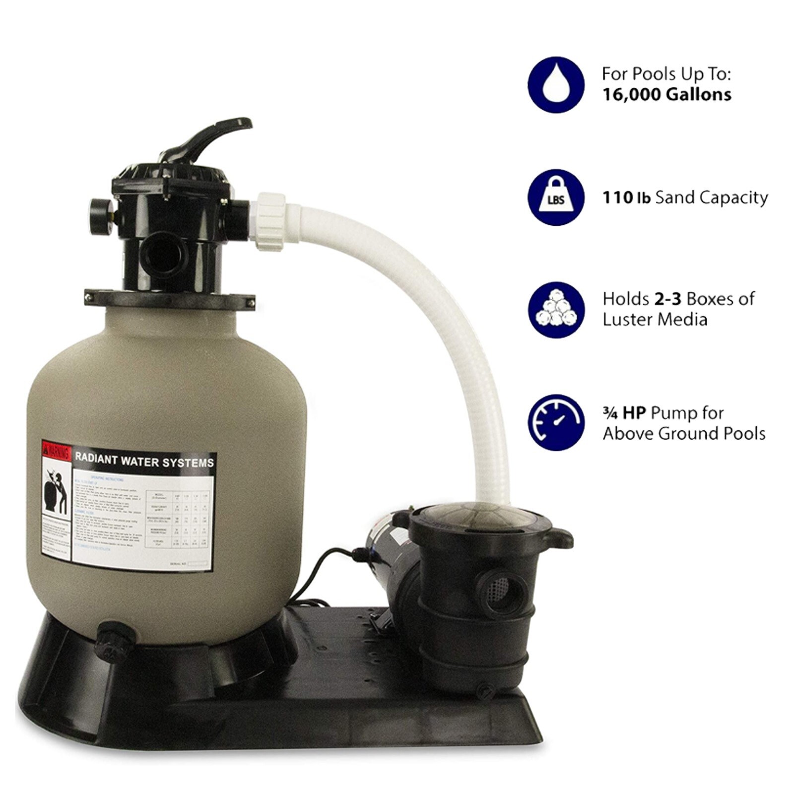 Radiant 16" Above Ground Swimming Pool Sand Filter System Kit with 3/4 ...