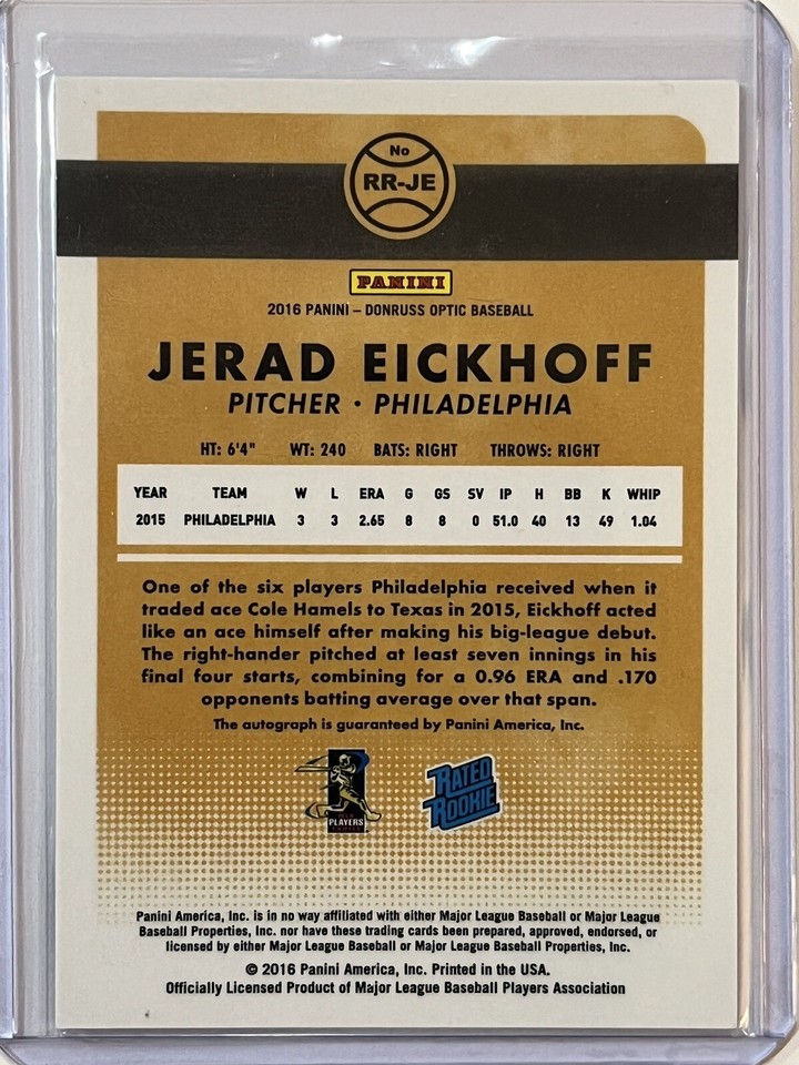 2016 Donruss Optic Jerad Eickhoff Rated Rookie Signatures RR-JE Phillies NM/Mint | eBay
