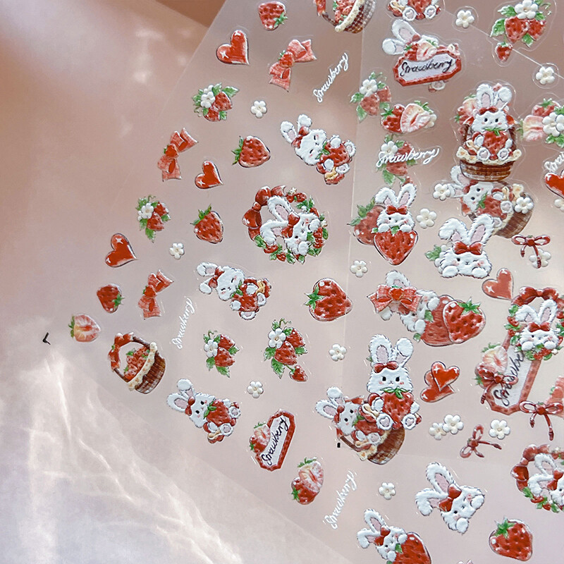 Sweet Cute Relief Rabbit Stickers Strawberry Flower Basket Nail Art ...