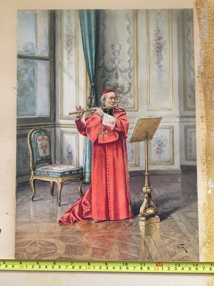 STUNNING BELLE EPOQUE ALFRED CHARLES WEBER CARDINAL SCHOOL WATERCOLOR ...