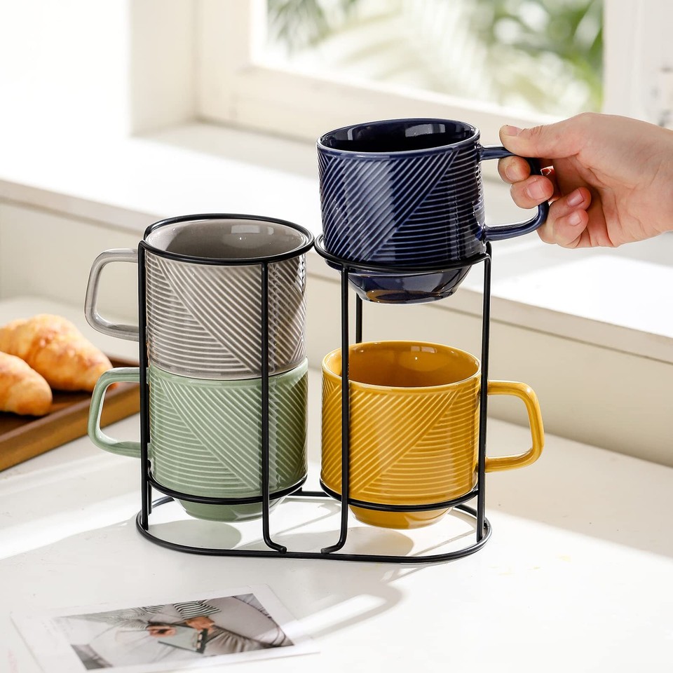 Stackable Coffee Mugs With Rack Ceramic Coffee Mugs Set Of 4 For Latte ...