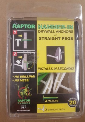 RAPTOR HAMMER IN DRYWALL ANCHORS WITH STRAIGHT PEGS - PACK OF 3 - HOLDS ...