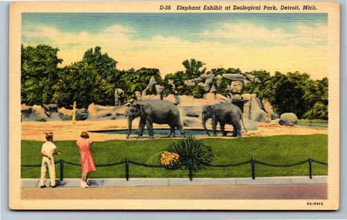 Postcard MI c.1938 Elephant Exhibit at Zoological Park Detroit Michigan ...