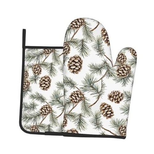 Green Oven Mitts and Pot Holders Sets Heat 11"L x 7"W Winter Pine Cones ...
