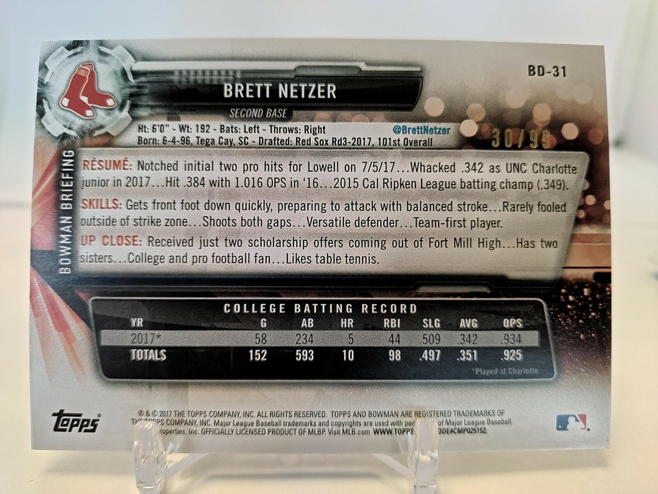 BRETT NETZER /99 2017 Bowman Draft Baseball 1st #BD-31 GREEN Boston Red ...