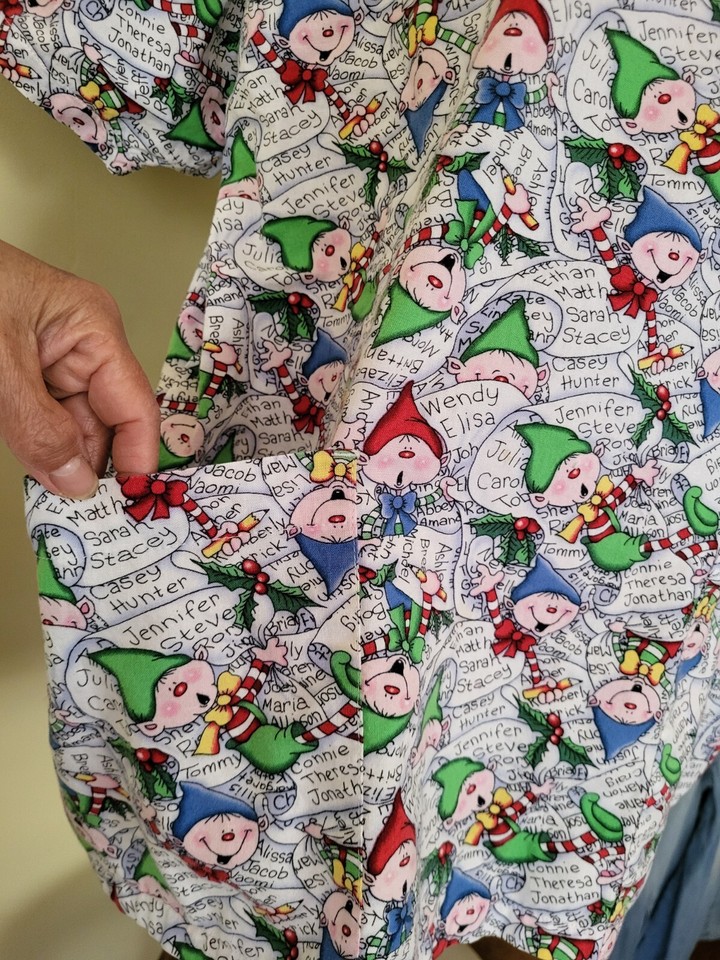 Peaches Top Women's Medium V Neck Scrubs Christmas Elves Holidays | eBay