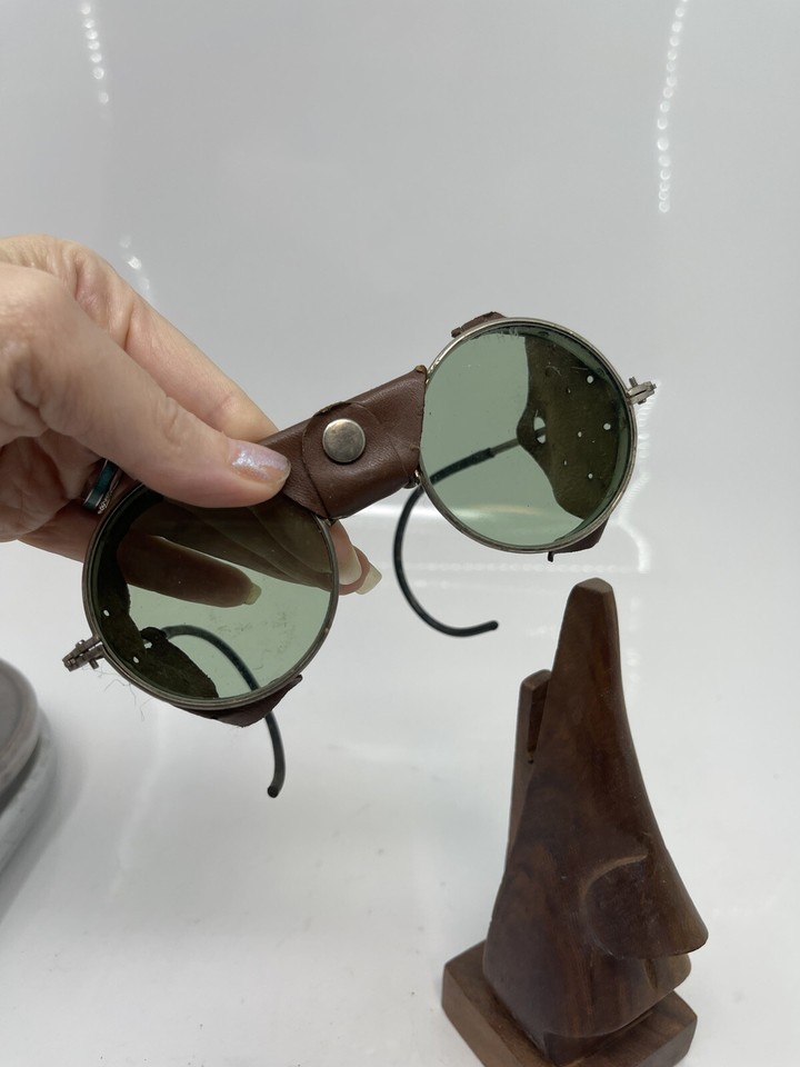 WW2 Green Lens Goggles Steampunk BHM Pilot Aviator Glasses Leather ...