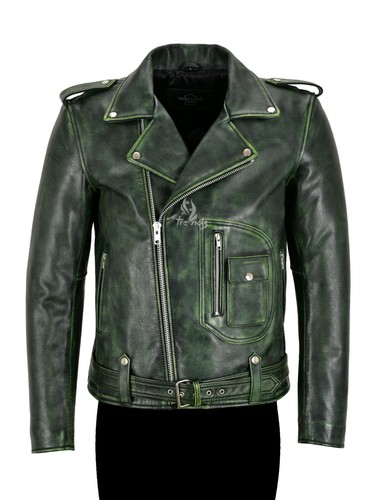 Men's Real Leather Riding Jacket Green Vintage Thick Cowhide Brando ...