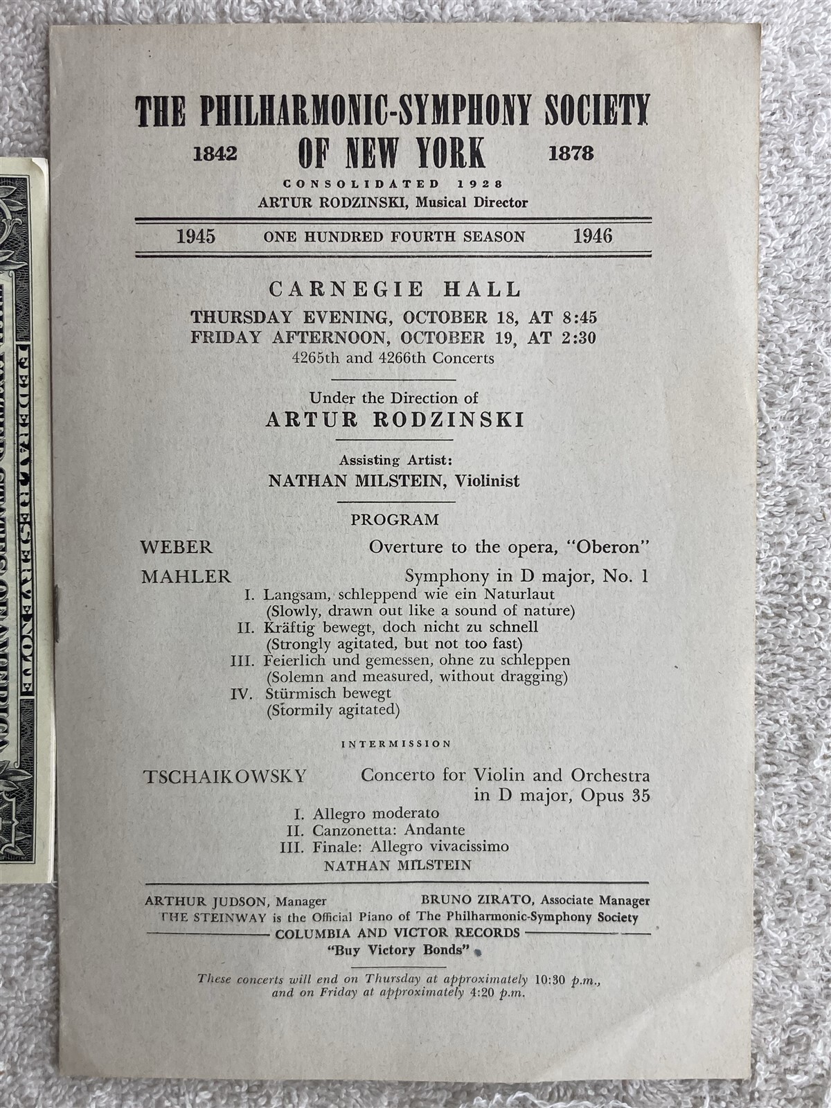1945 1946 Vintage Philharmonic Symphony Society of NY Carnegie Hall ...