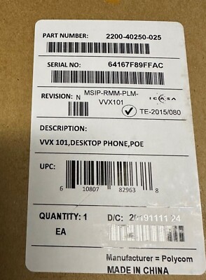 Polycom 2200-40250-025 VVX 101 Entry Level IP VOIP POE Telephone- No ...