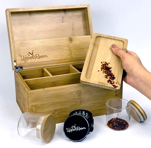 Stash Box with Accessories Tray 2 Airtight Jars Bamboo Stash Box Combo ...