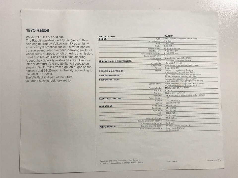 1975 Volkswagen Rabbit Car Sales Sheet Print NM Leaflet U.S.A. 33-17 ...