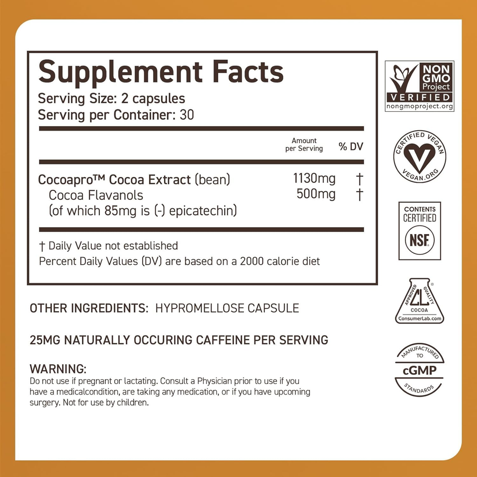 CocoaVia Cardio Health Supplement 500mg Cocoa Flavanols Heart Health 60 ...