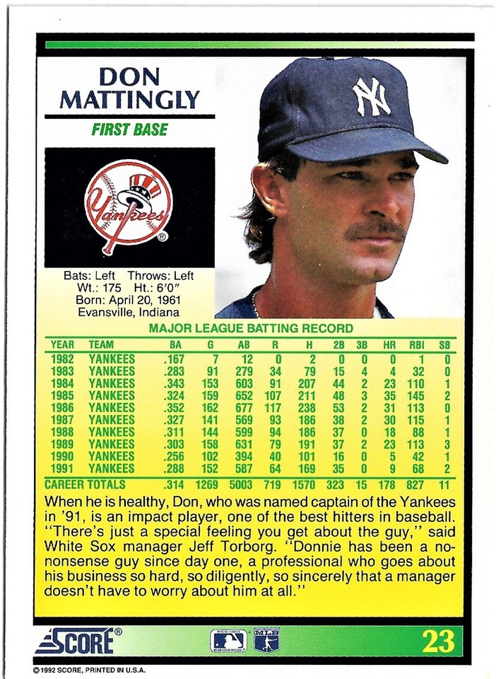 Don Mattingly 1992 Score #23 Baseball Trading Card | eBay