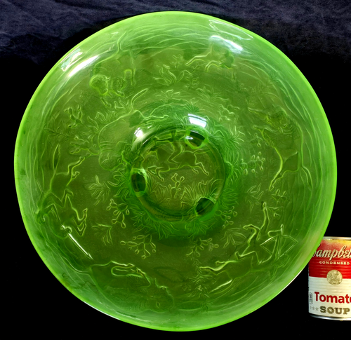Huge 16" Cambridge? Vaseline Uranium Glass Bowl w Indians Buffalo ...