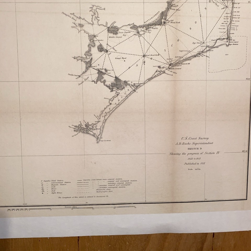 1851 Bache Map Of North Carolina. Pamplico Sound, Albemarle Sound, Cape ...