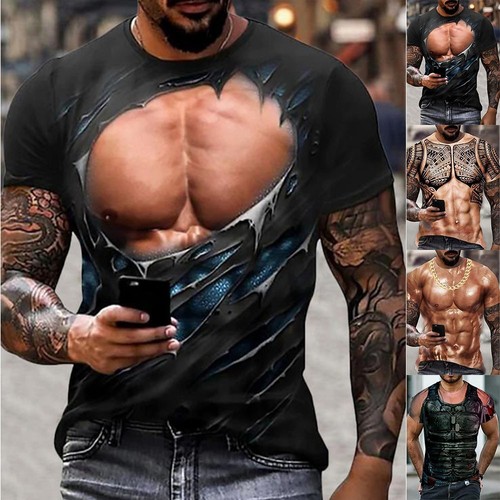 Tops T-Shirt 3D Muscle Tattoo Print Digital Printing Shirts Men Camisas ...