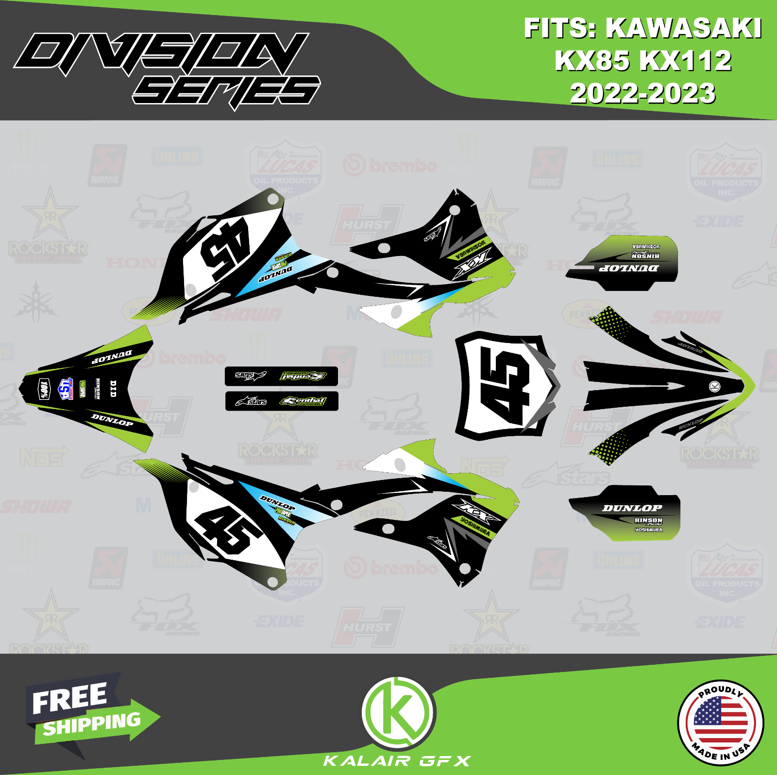 Graphics Kit for KAWASAKI KX85 KX112 2022 2023 Division-Green | eBay