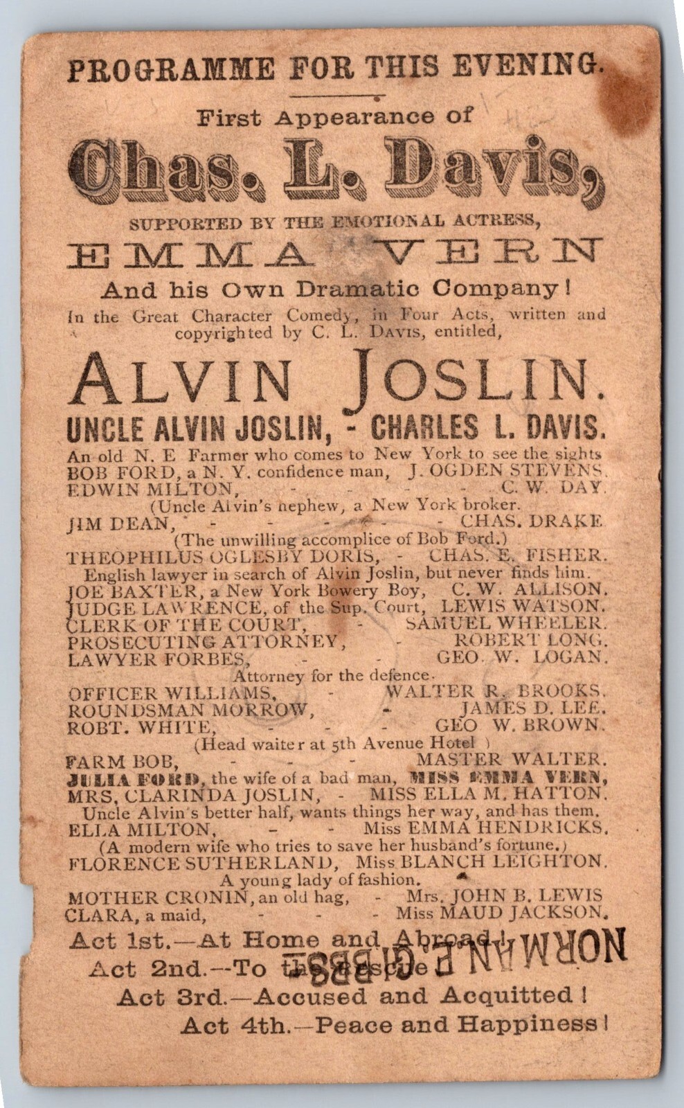 VTC CHARLES DAVIS AS ALVIN JOHNSON w/EMMA VERN in play "ALVIN JOSLIN ...