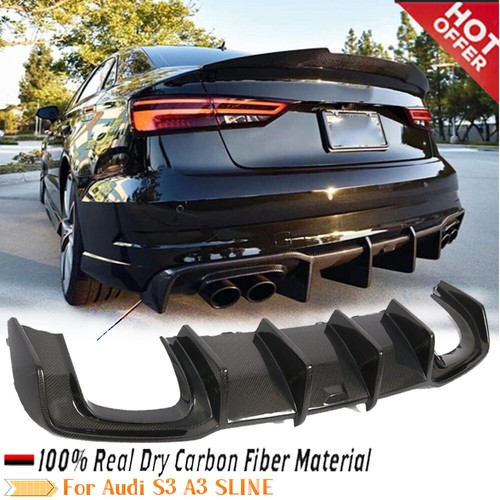 100% REAL CARBON Rear Bumper Diffuser Lip Spoiler Fit Audi S3 A3 SLINE ...