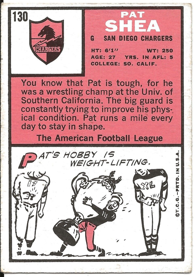 1966 Topps Football Pat Shea #130 San Diego Chargers | eBay