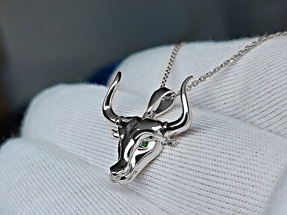 Natural Green Emerald Bull Shape Men's Amulet Pendant 14k White Gold ...