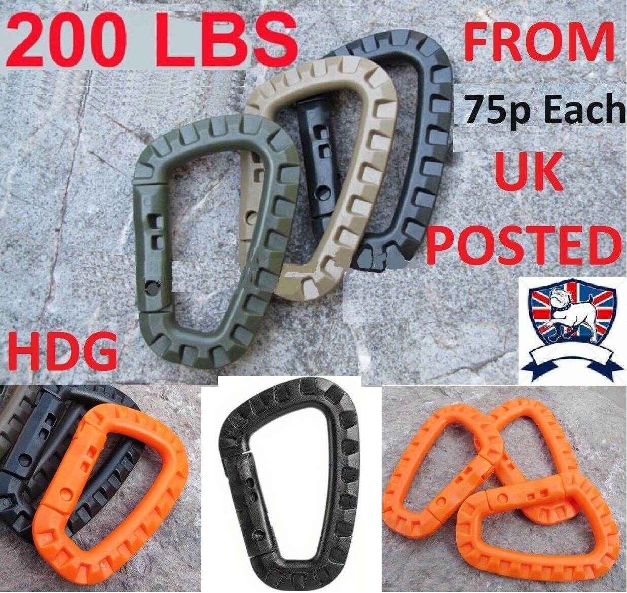 TACTICAL CARABINER 200 POUND D SHAPE CLIP HOOK ARMY MOLLE PLCE ...