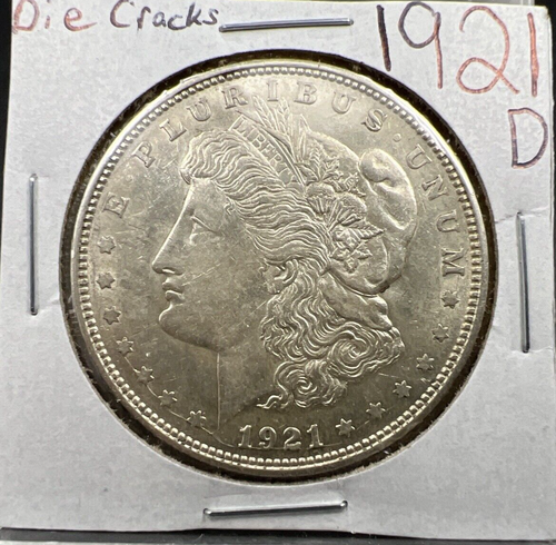 1921 D $1 Morgan Silver Dollar Coin Choice AU About UNC Die Cracks Vam ...
