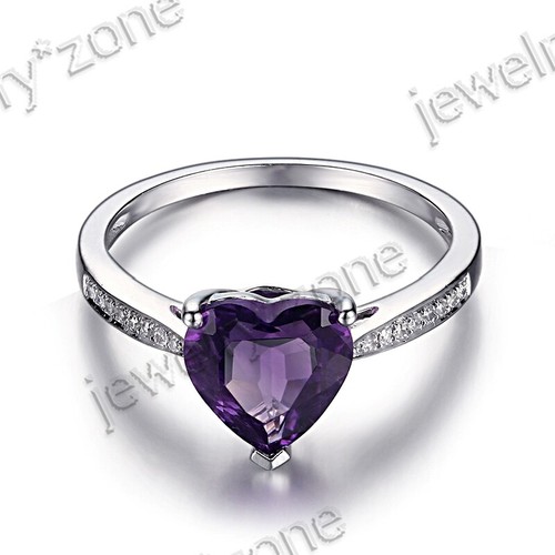 Heart Shape Amethyst Diamond Engagement Fine Ring 14K White Gold Prong ...