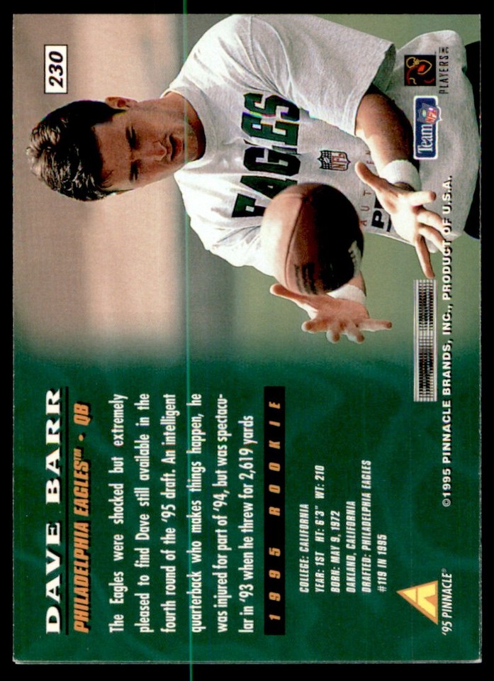 1995 PINNACLE DAVE BARR RC PHILADELPHIA EAGLES #230 | eBay