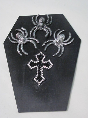 HAND DECORATED THIN FLAT WOODEN BLACK COFFIN SIGN W/ RHINESTONE CROSS ...