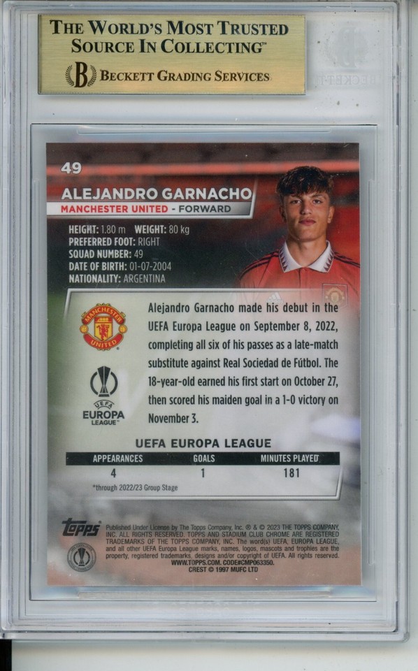 2023 Topps Stadium Club Chrome Alejandro Garnacho #49 RC BGS 9.5 | eBay