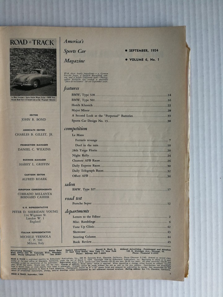 Road & Track September 1954 BMW Type 328 & Type 501 & Type 327 Porsche ...