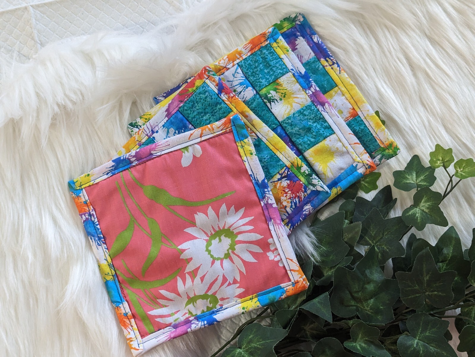 Fabric coaster handmade Set of 2, Cotton Print, Quilted Square Patch | eBay