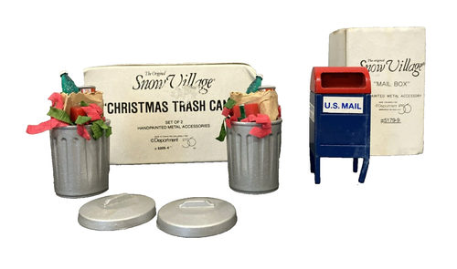 Department 56 Snow Village 2 Piece Christmas Trash Cans & Mailbox READ ...