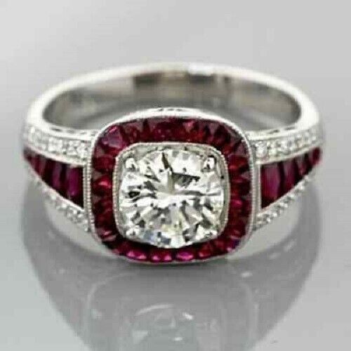 3CT Lab-Created Red Ruby Halo Engagement Art Deco Ring 14K White Gold ...