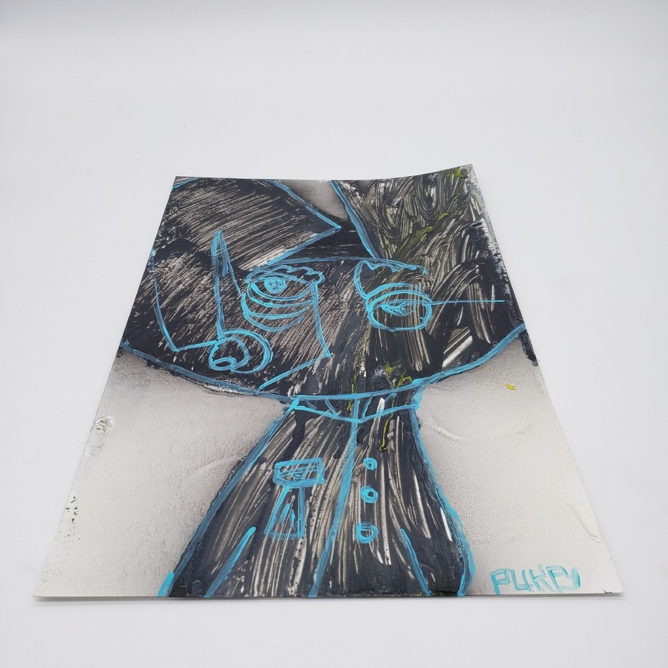 Abstract outsider cat art painting on paper by NYC graffiti artist PUKE ...