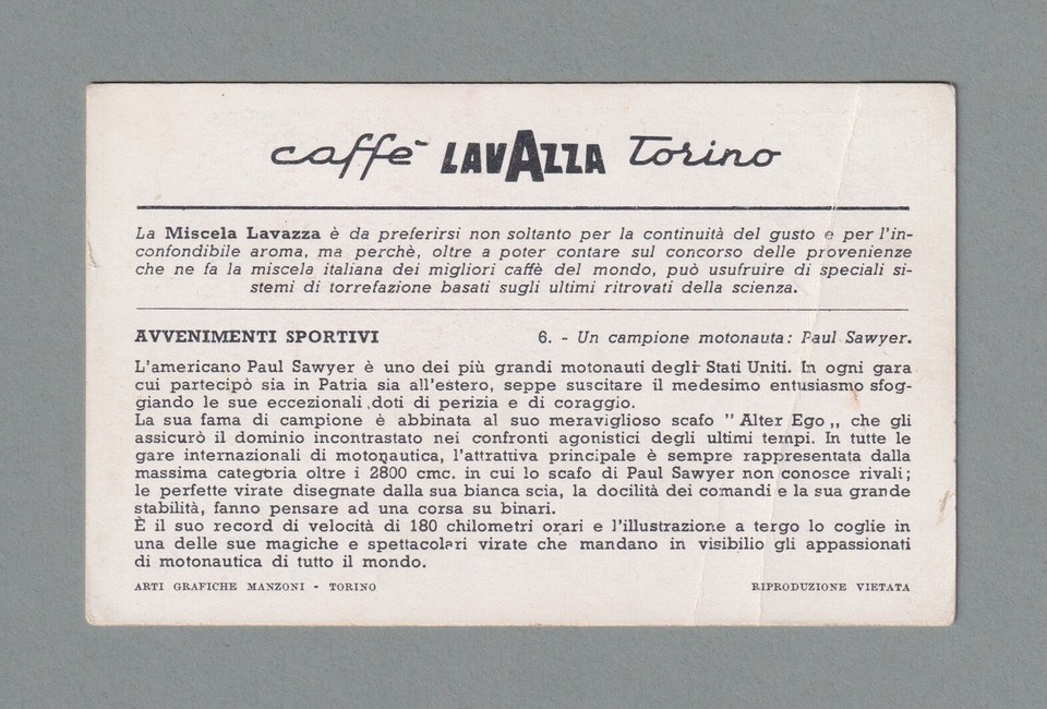 1950 Lavazza Avvenimenti Sportivi - #6 Paul Sawyer boat racing | eBay
