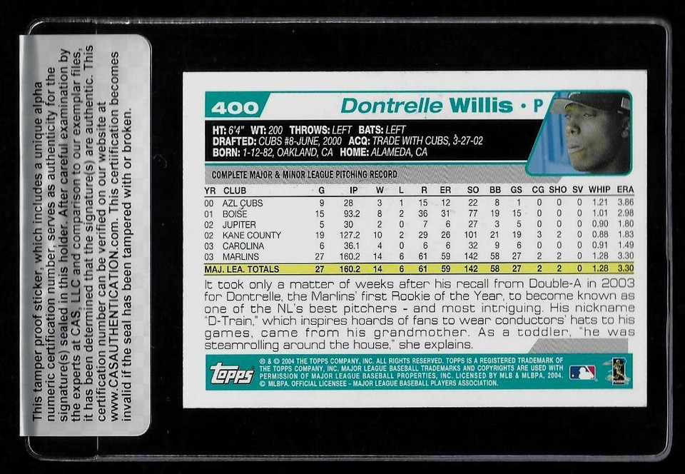 2004 Topps Dontrelle Willis CAS Authentic Signed Baseball Card #400 ...
