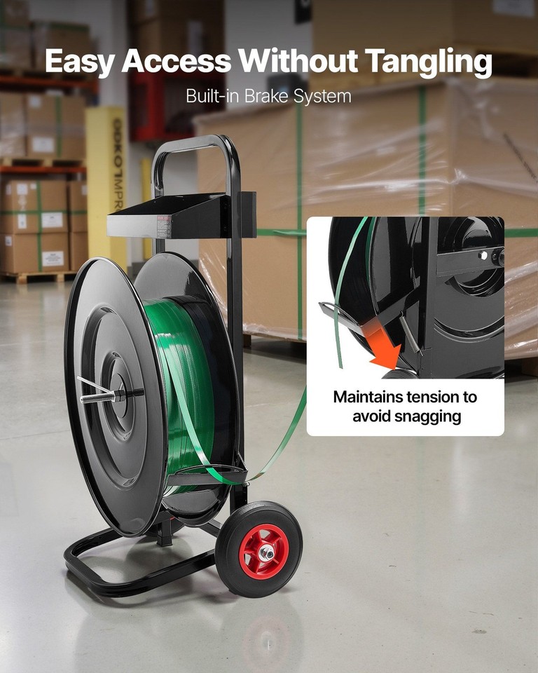 110lb Industrial Strapping Cart: 8in&16in Core Fit, Auto Brake, Tool ...
