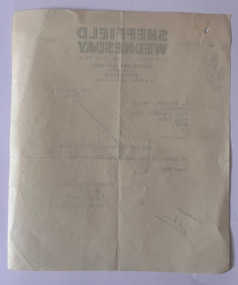 Sheffield Wednesday Letter To Bury 18th October 1946 | eBay UK