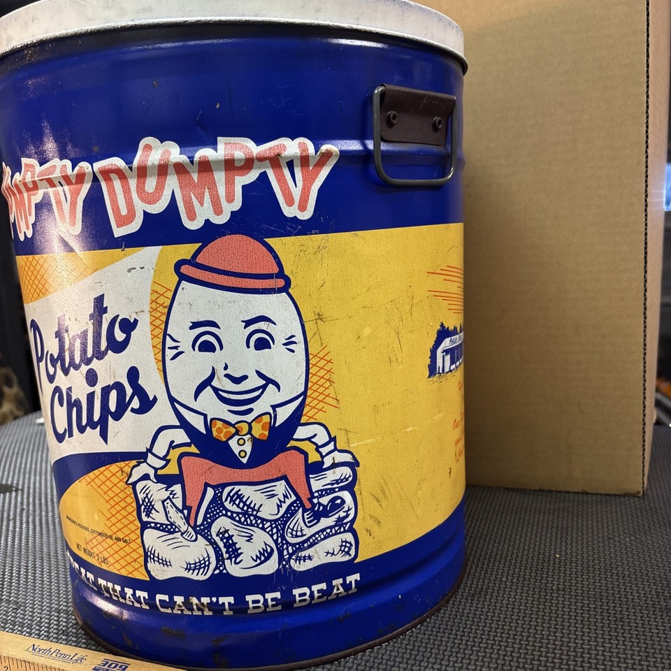 Vintage Humpty Dumpty 3 lb potato chip can tin +lid, 14.5” x 12” strong ...