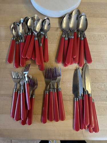 41 PC vintage Stainless Steel Flatware Retro 50’ S Red Rounded Plastic ...