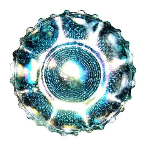 Indiana Blue Carnival Glass Bowl Plate Iridescent Diamond Point Ruffled ...