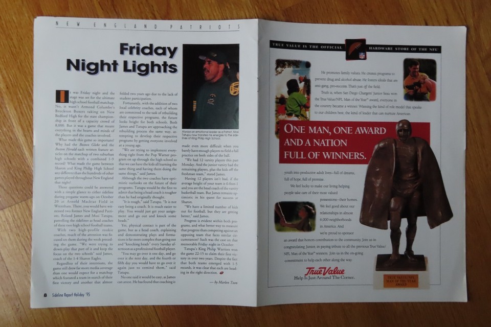 New England Patriots SIDELINE REPORT Holiday 1995 MATT BAHR Insert ...